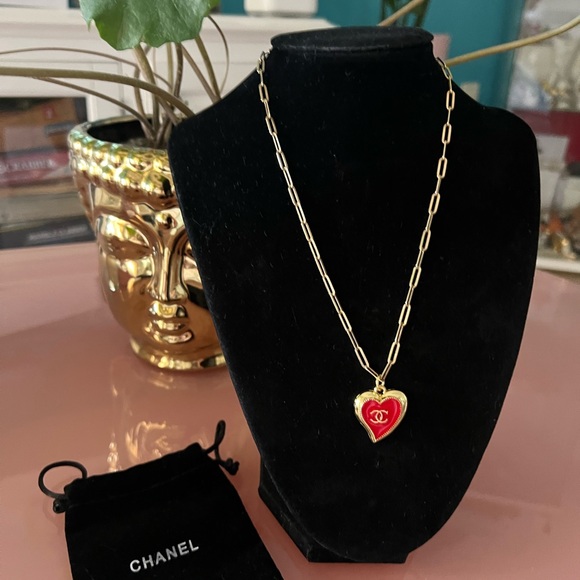 CHANEL | Jewelry | Cc Gold And Red Heart Pull Pendant Necklace | Poshmark